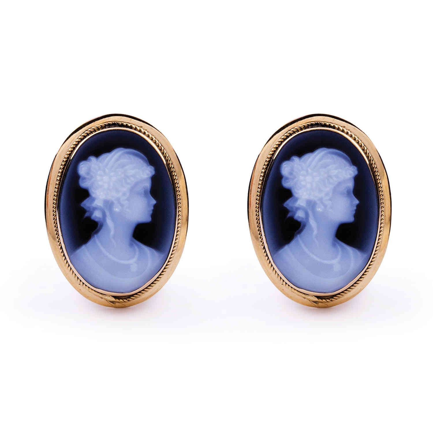A pair of cameo earrings - A pair of oval blue cameo stud earrings, set ...