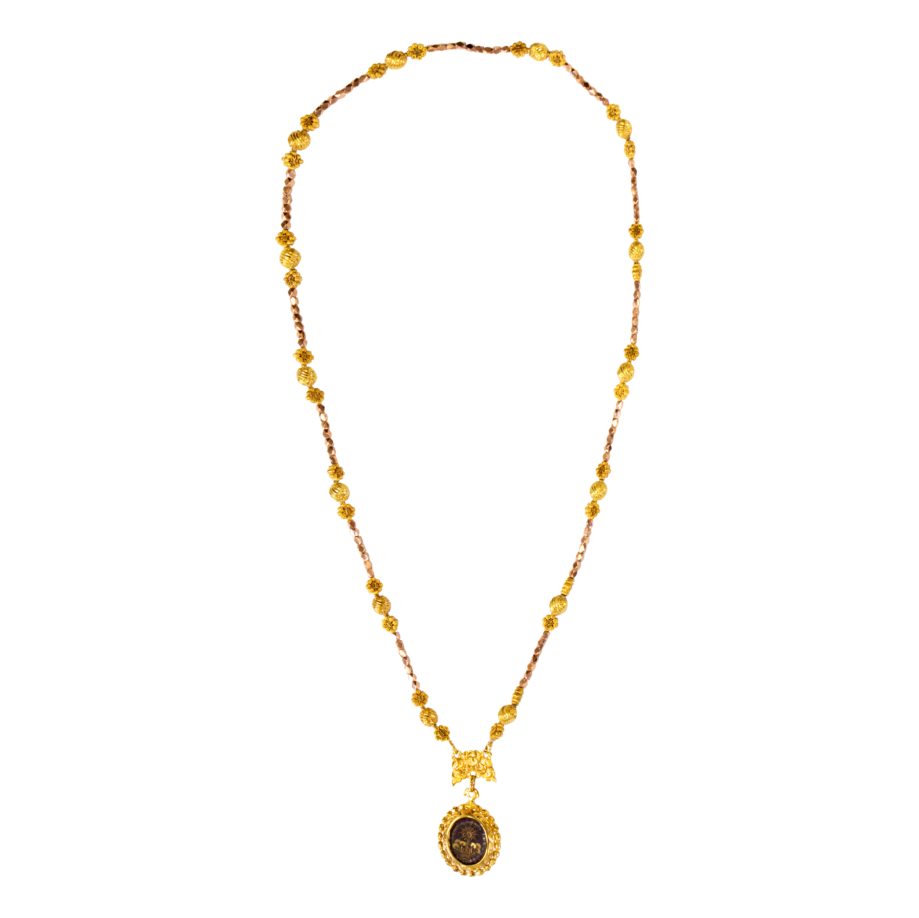 - An 18k yellow and rose gold tambourine necklace with 'Nazareno' pendant