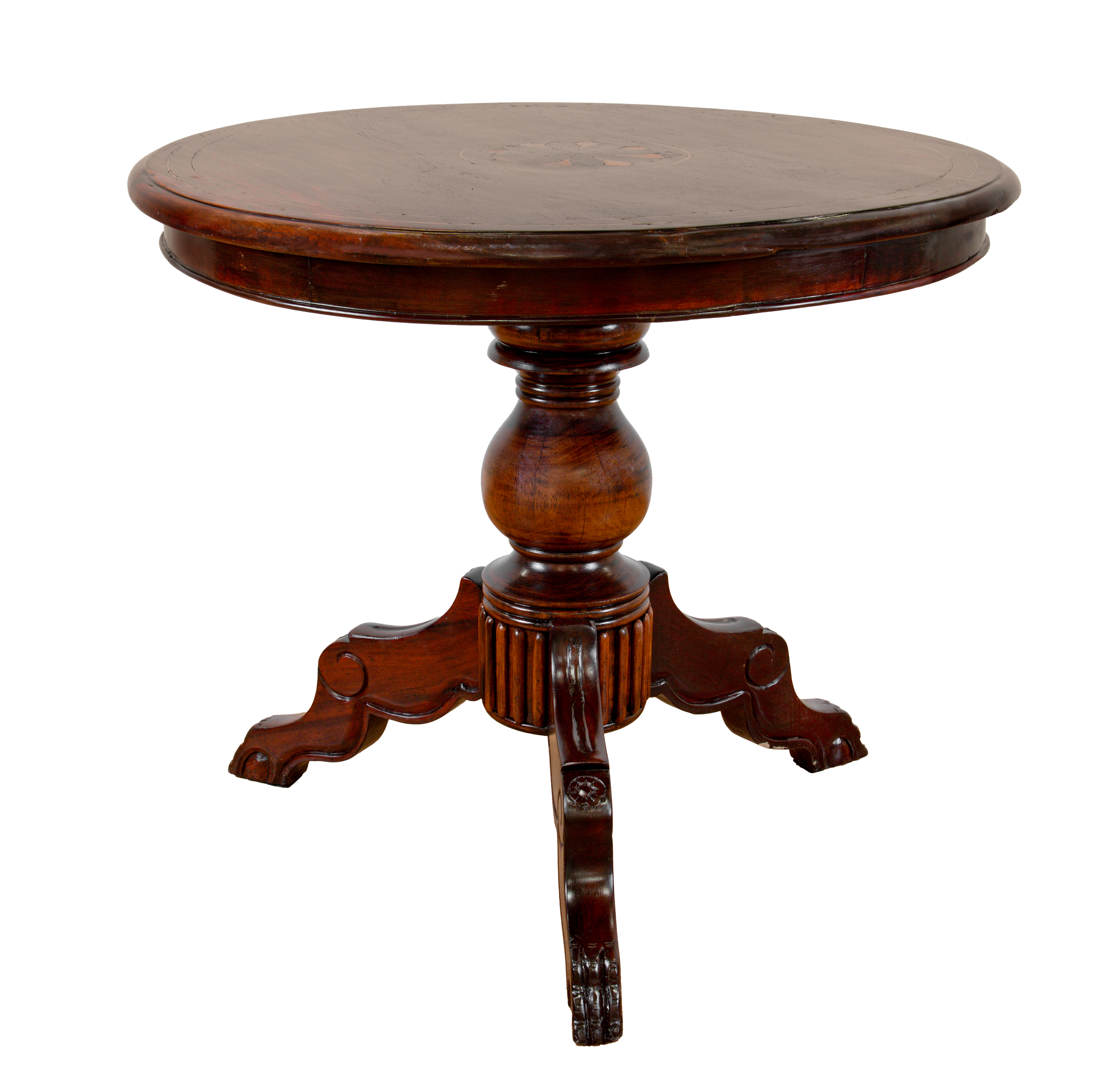 - A round inlaid-top occasional table with recessed frieze on turned ...