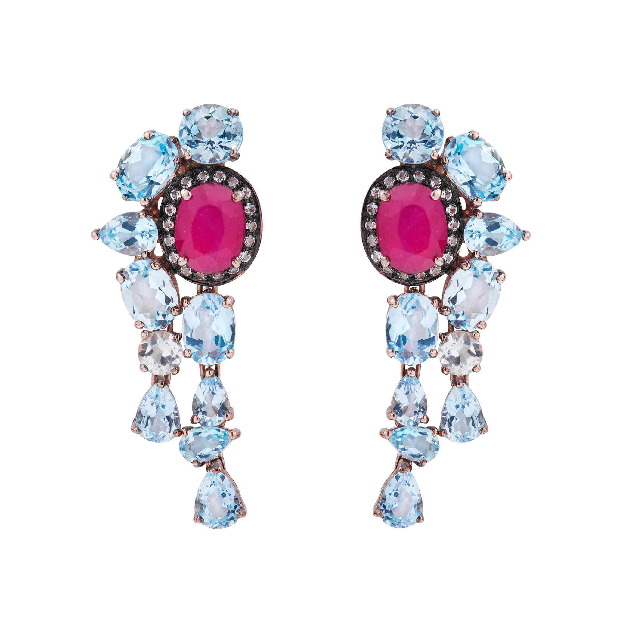A pair of blue topaz and ruby dangling earrings - Each centered on an ...