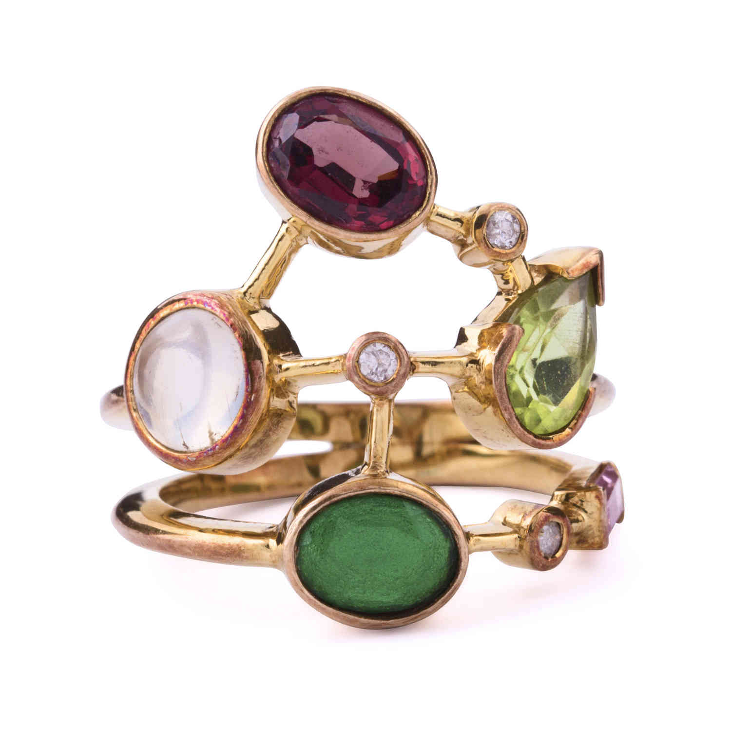 A modernist ring with multi-colored stones set in yellow gold. Ring ...