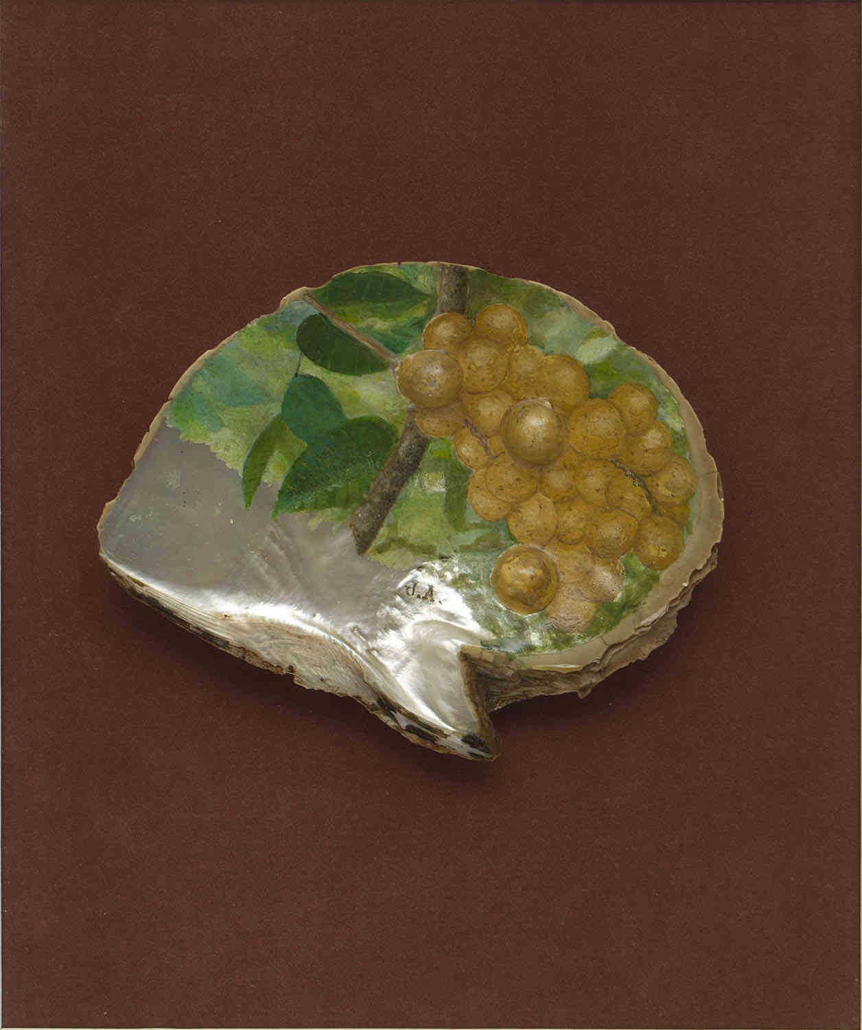 A mother of pearl painting signed 'J.A.'