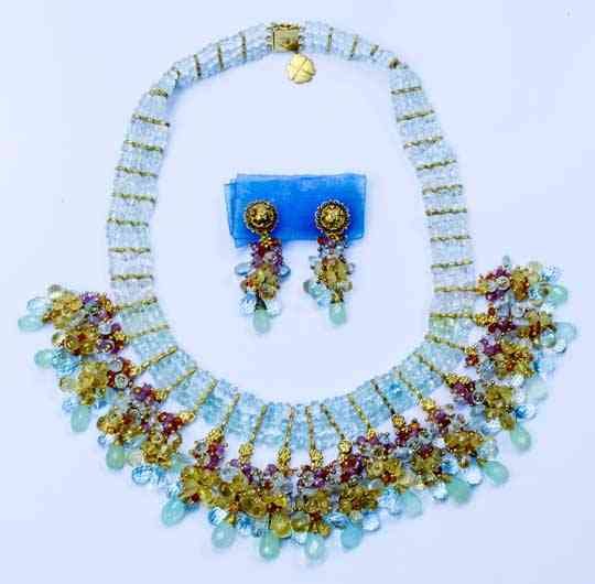 Aquamarine, citrine and pink sapphire faceted beads and gilded silver ...