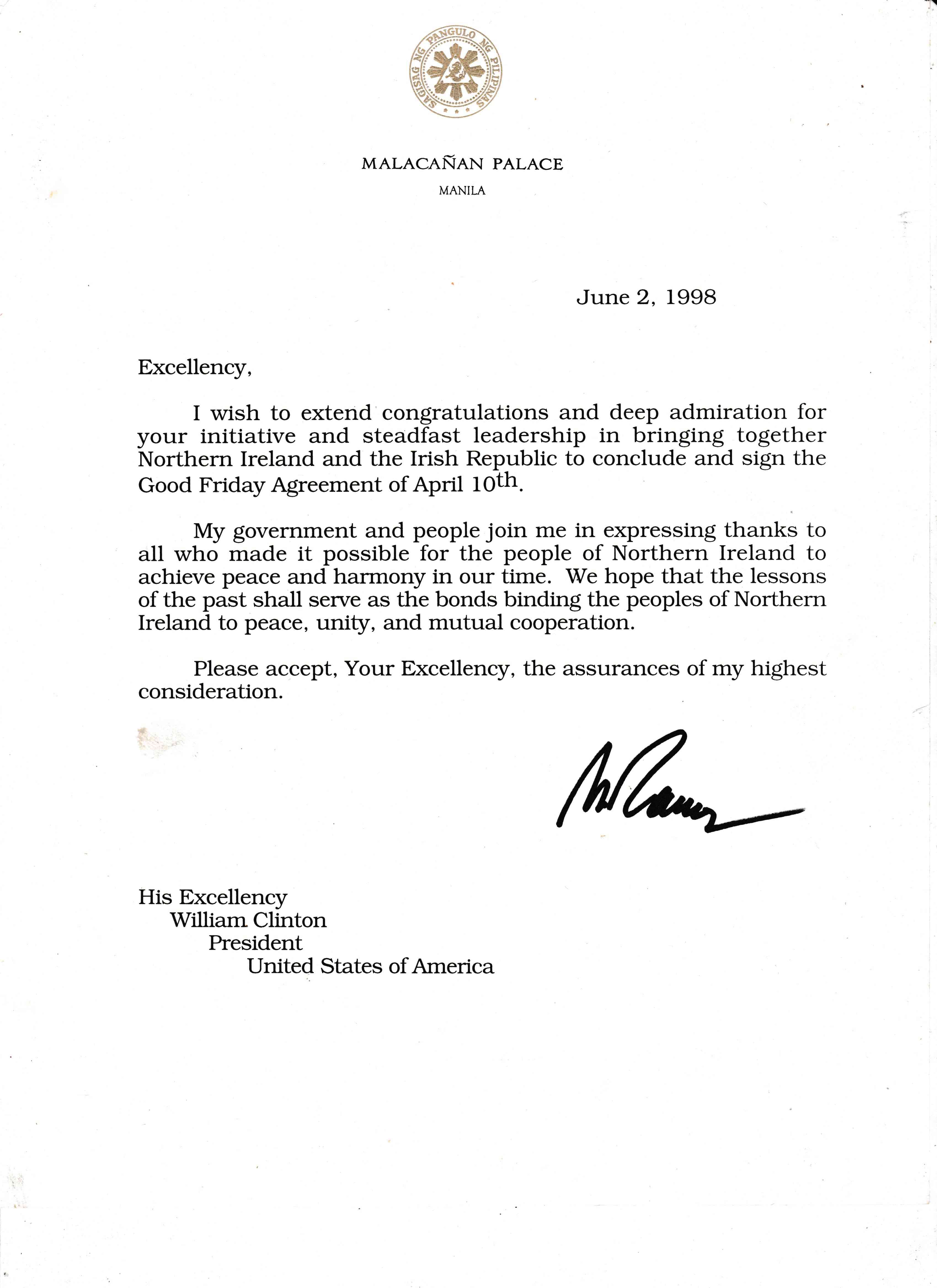 - Letter of President Fidel V. Ramos to US President Bill Clinton