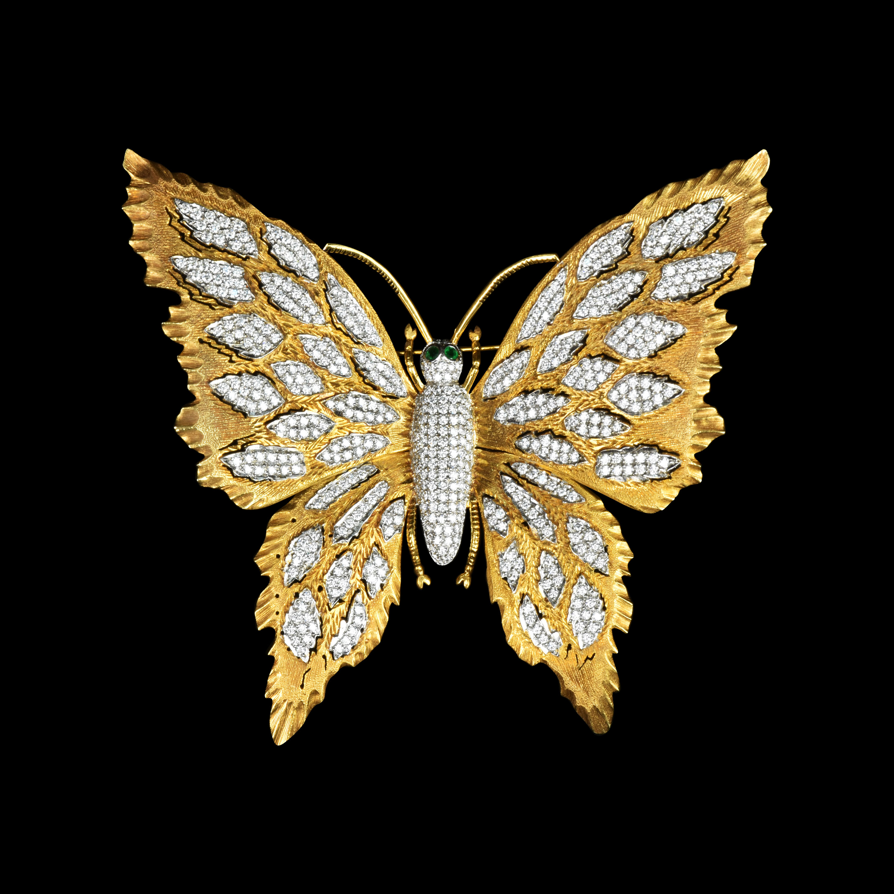 - A 3.25 ct diamond and emerald Buccellati-style butterfly brooch set ...