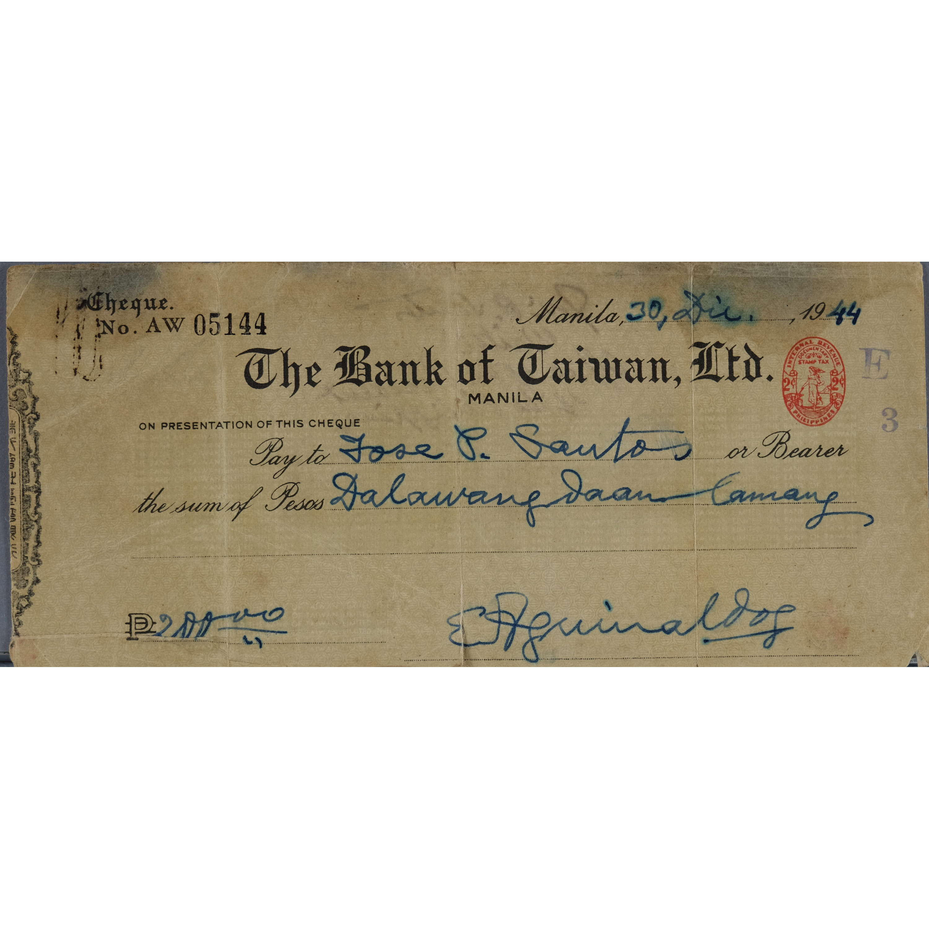 - World War 2 Emilio Aguinaldo Signed bank check The Bank of Taiwan Check