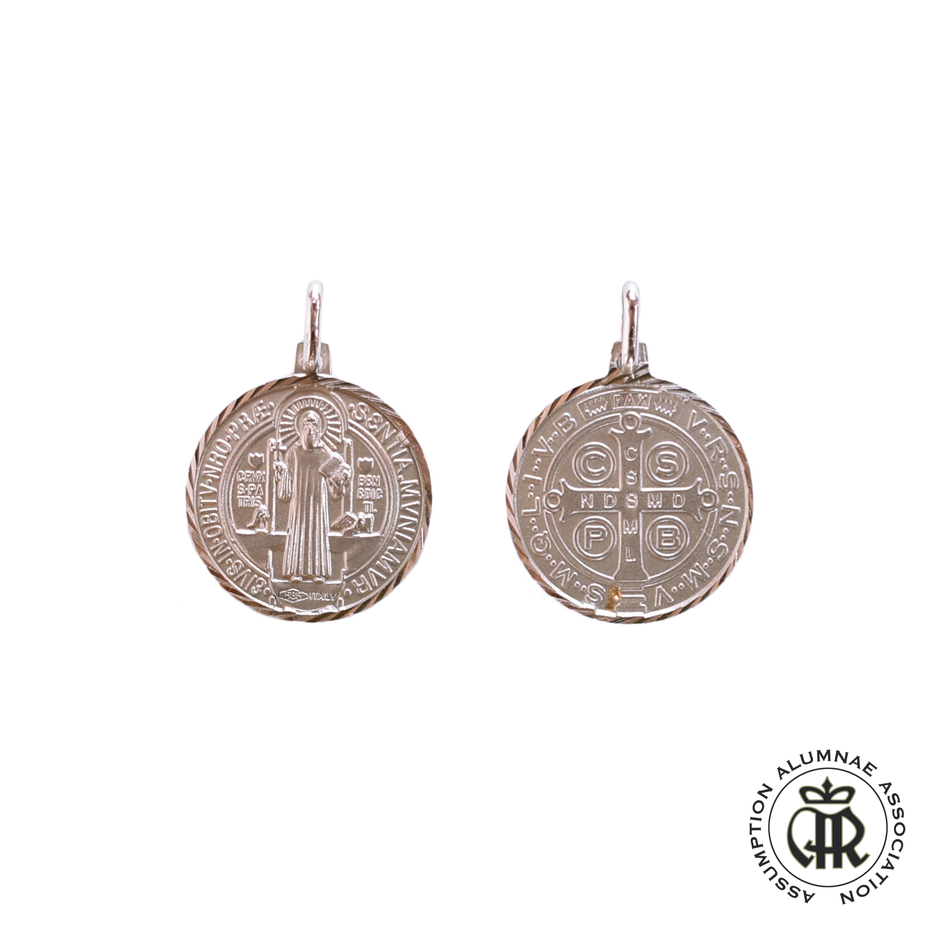 - A 14k white gold St. Benedict medal