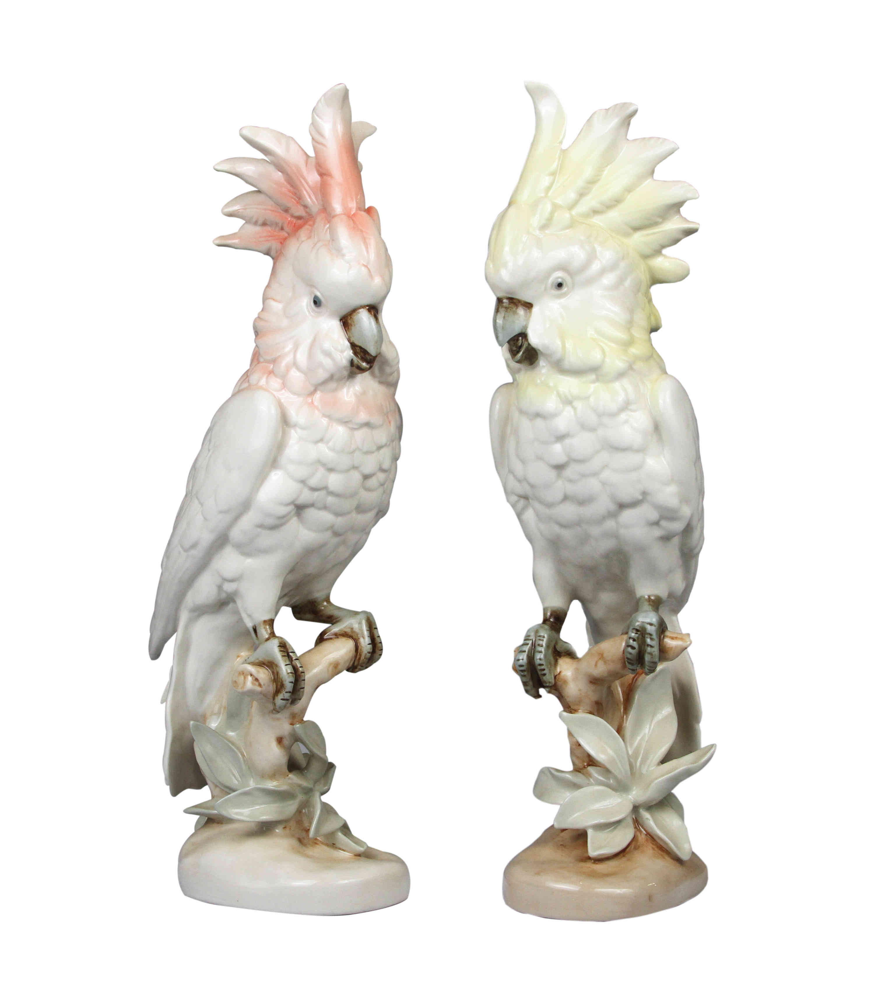 A pair of ceramic cockatoo bird figurines, Czech Republic