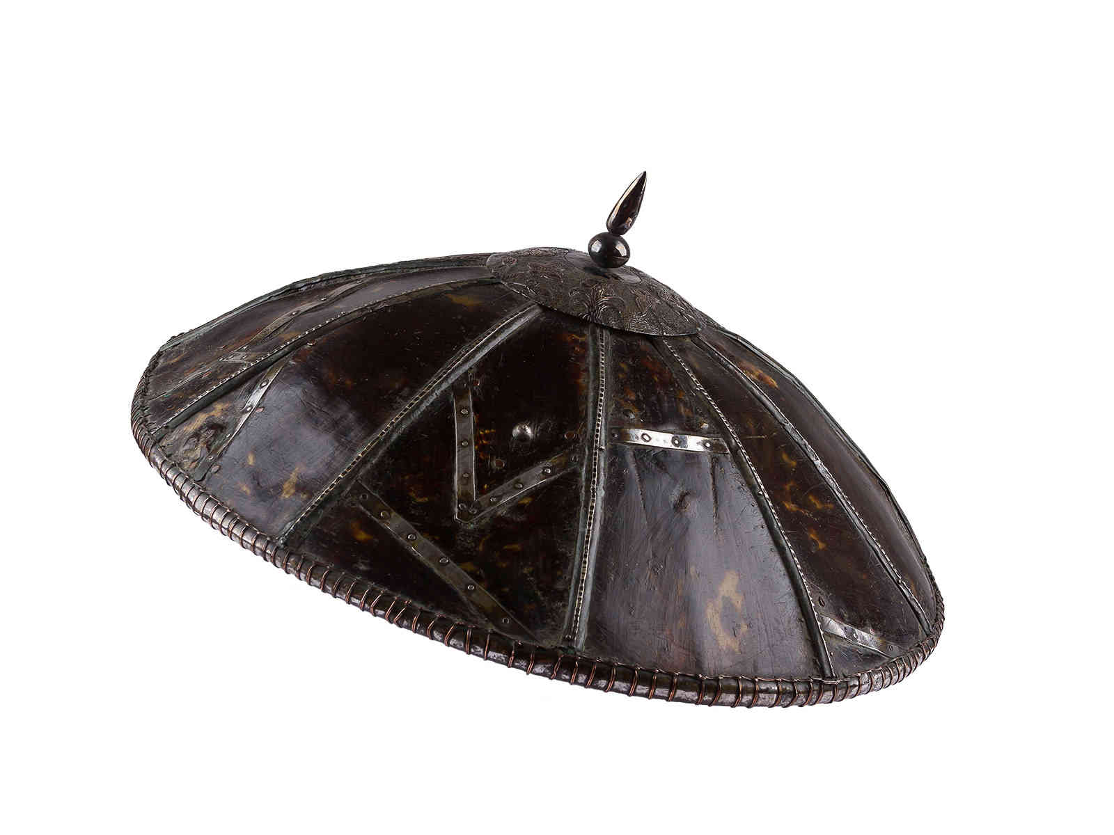 An important tortoise shell salakot with solid gold and silver trim