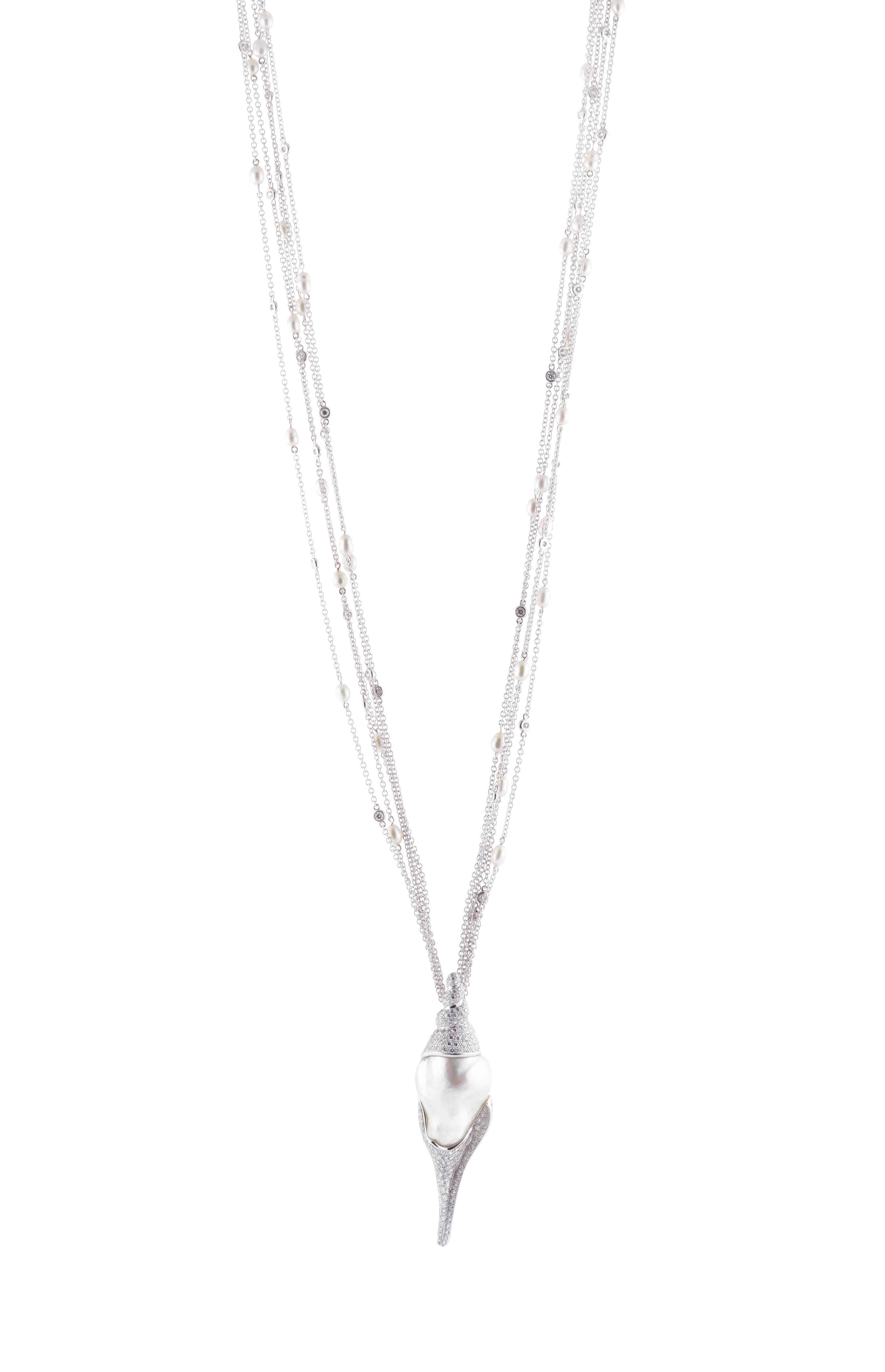 A South Sea pearl ‘triton shell’ diamond pendant sautoir necklace