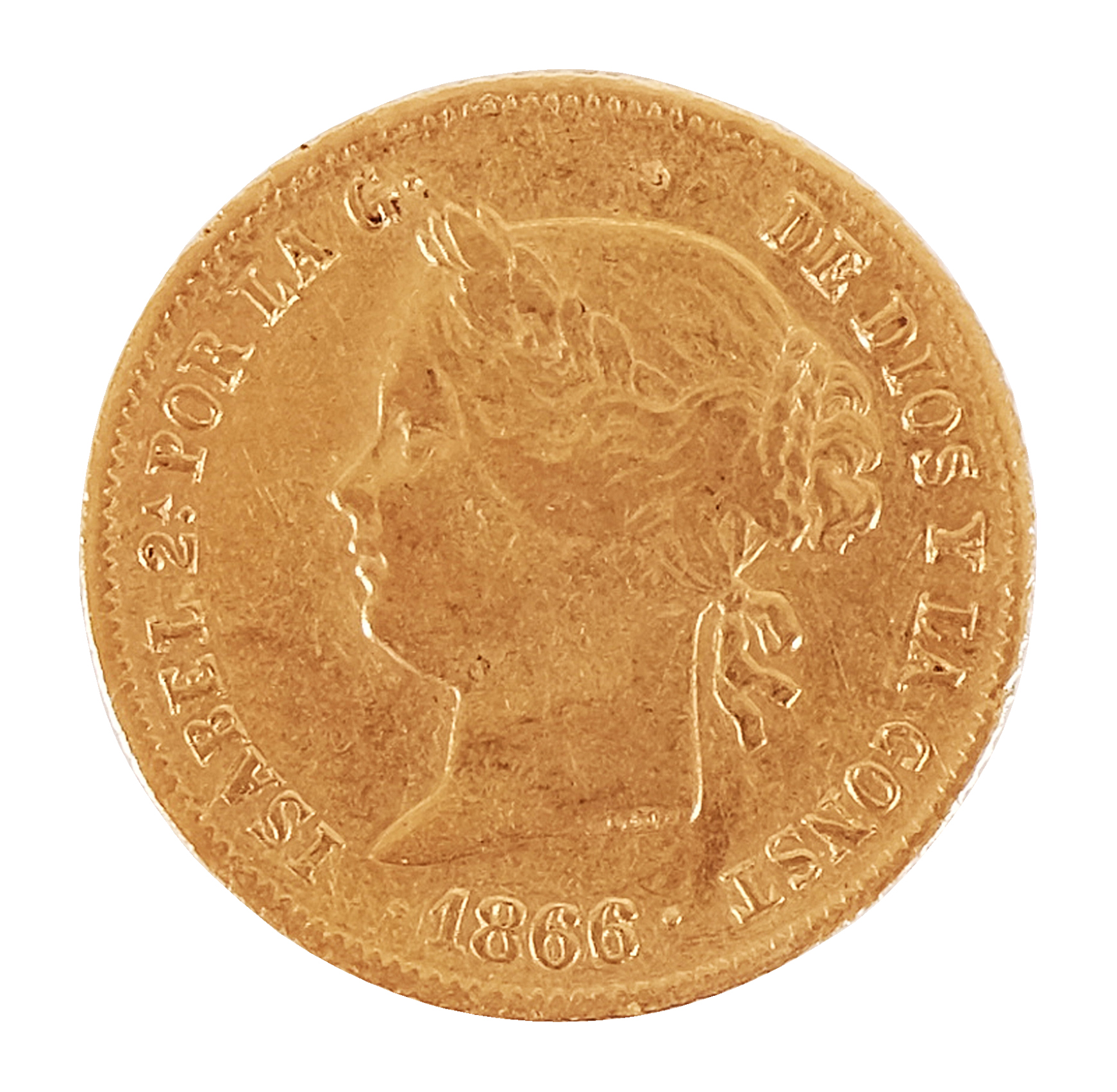 - Queen Ysabel II bust Spanish Philippines 4 Pesos 1866 87.5% gold coin