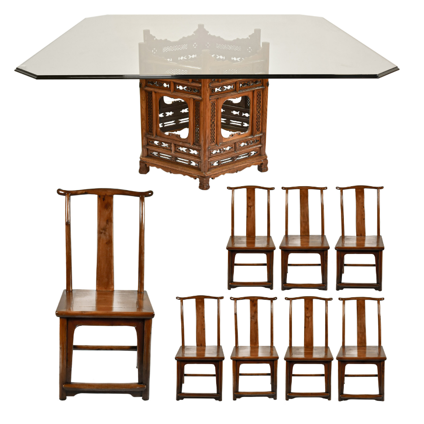 - A vintage Chinese dining set of square glass table and 8 chairs