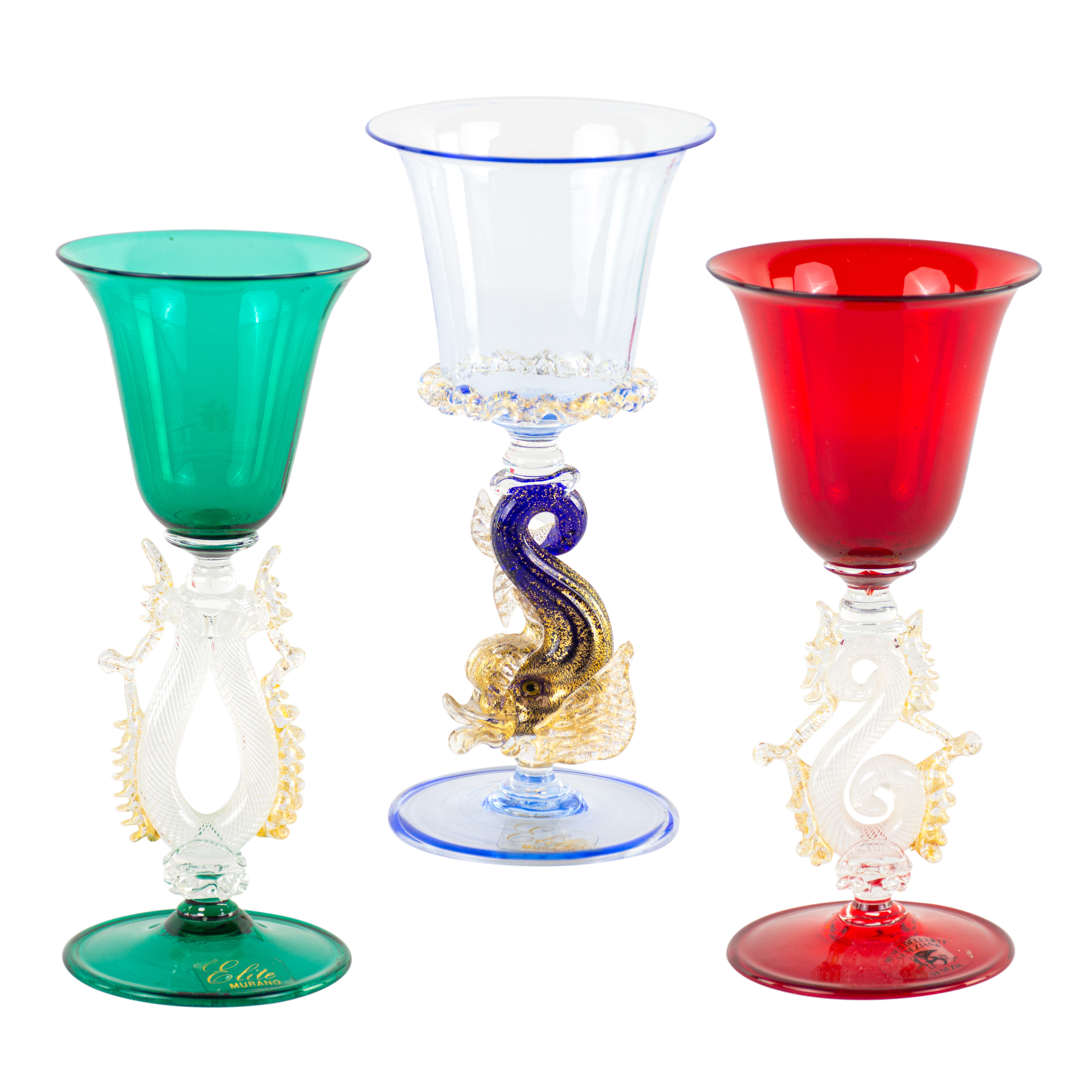 - A lot of 3 embellished Murano glass goblets