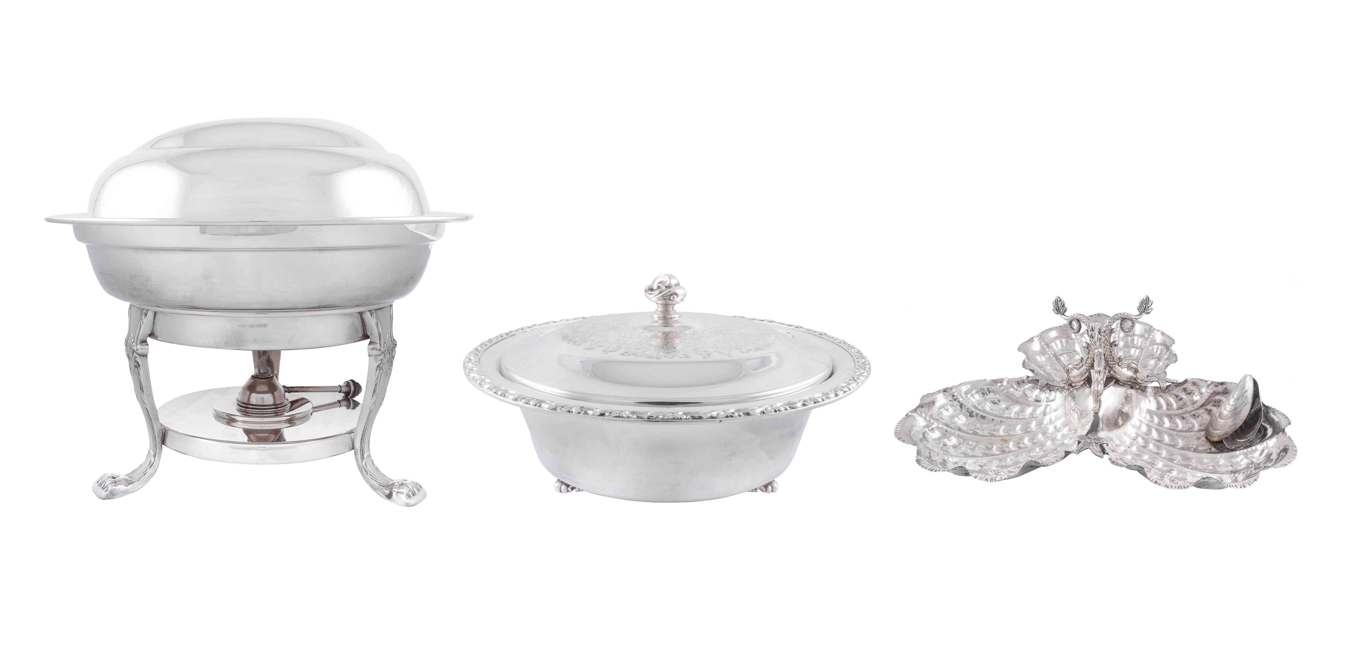 A lot of three silver serving containers
