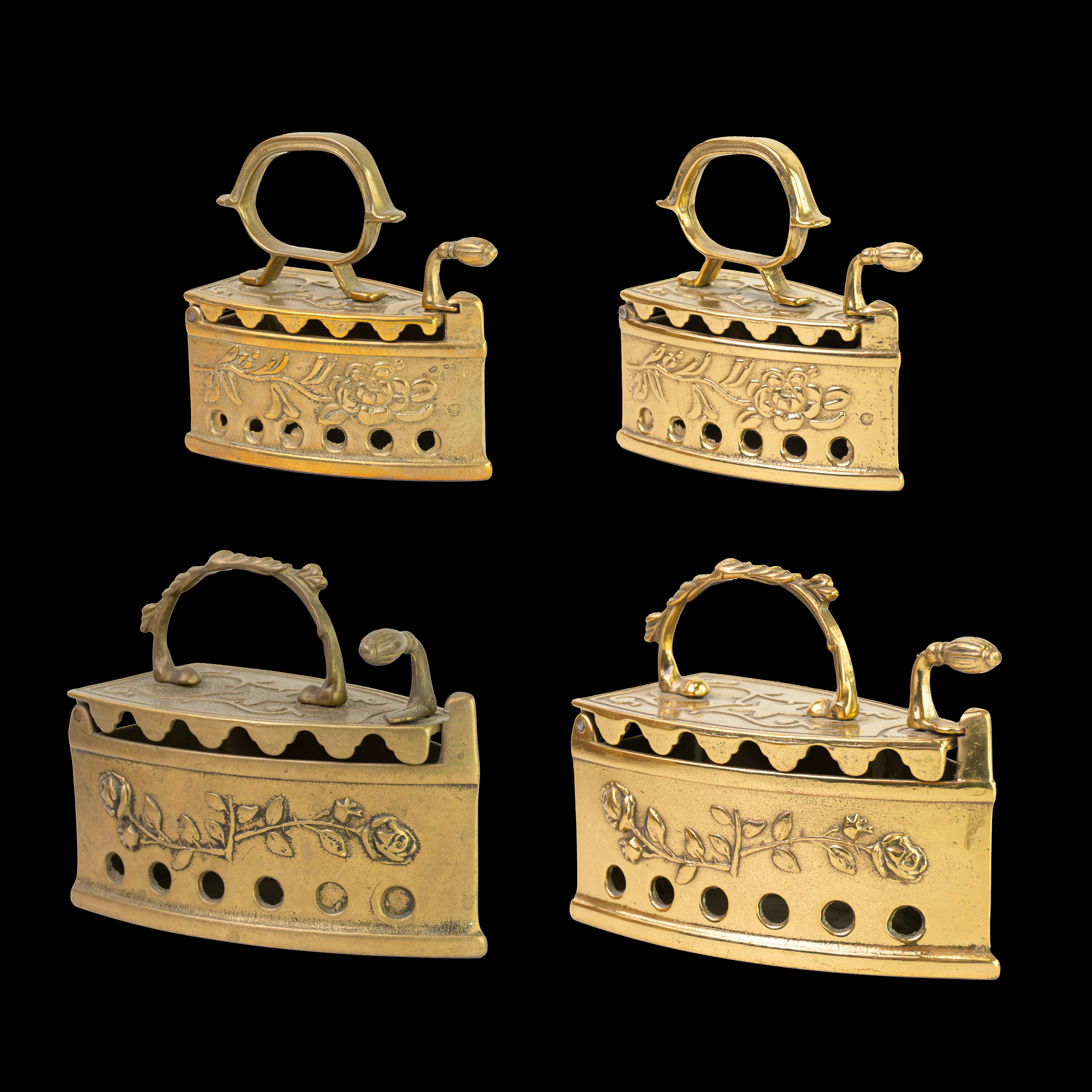 - A lot of 4 brass plantsa de uling with floral design