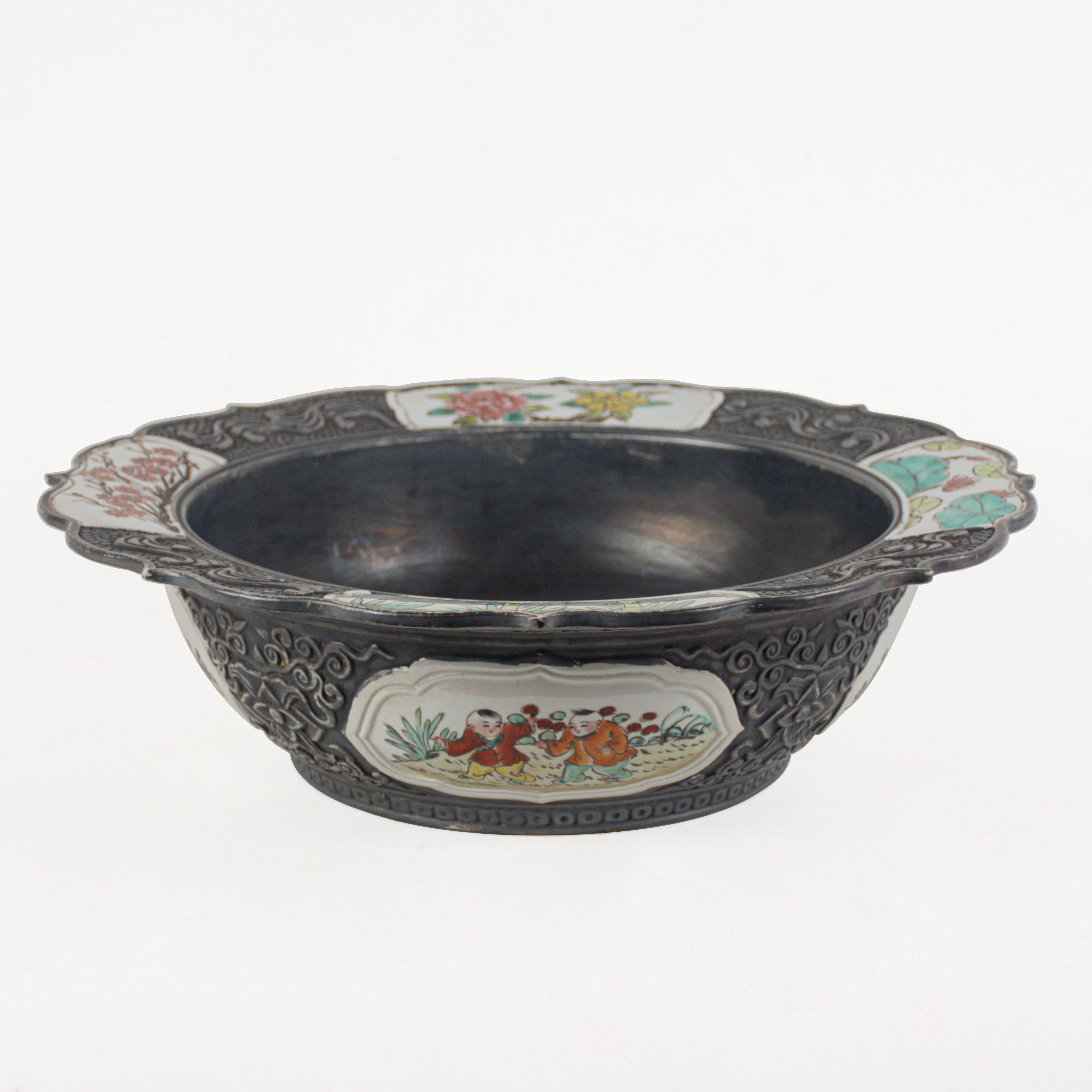 - A Chinese wash basin featuring five youths