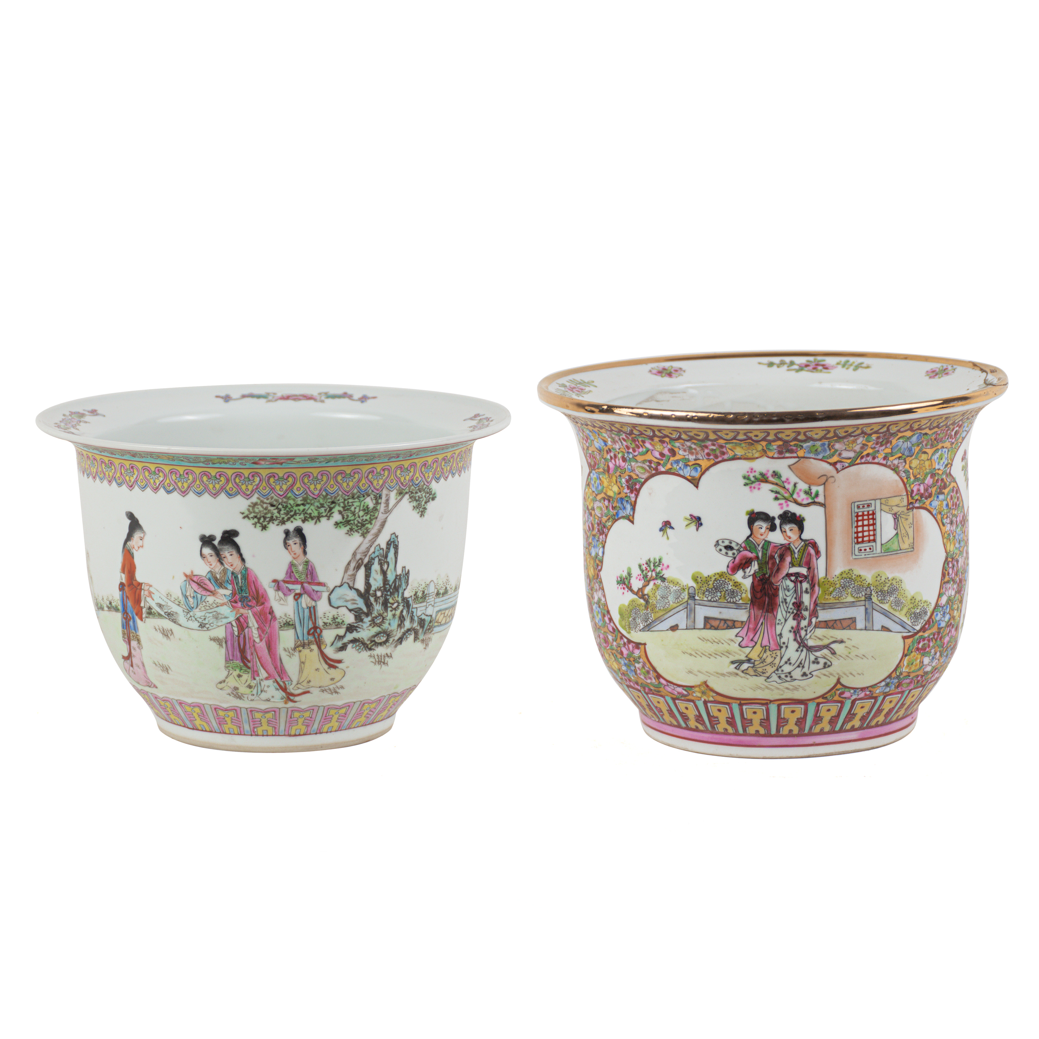 - A lot of 2 round planters featuring Chinese genre scenes