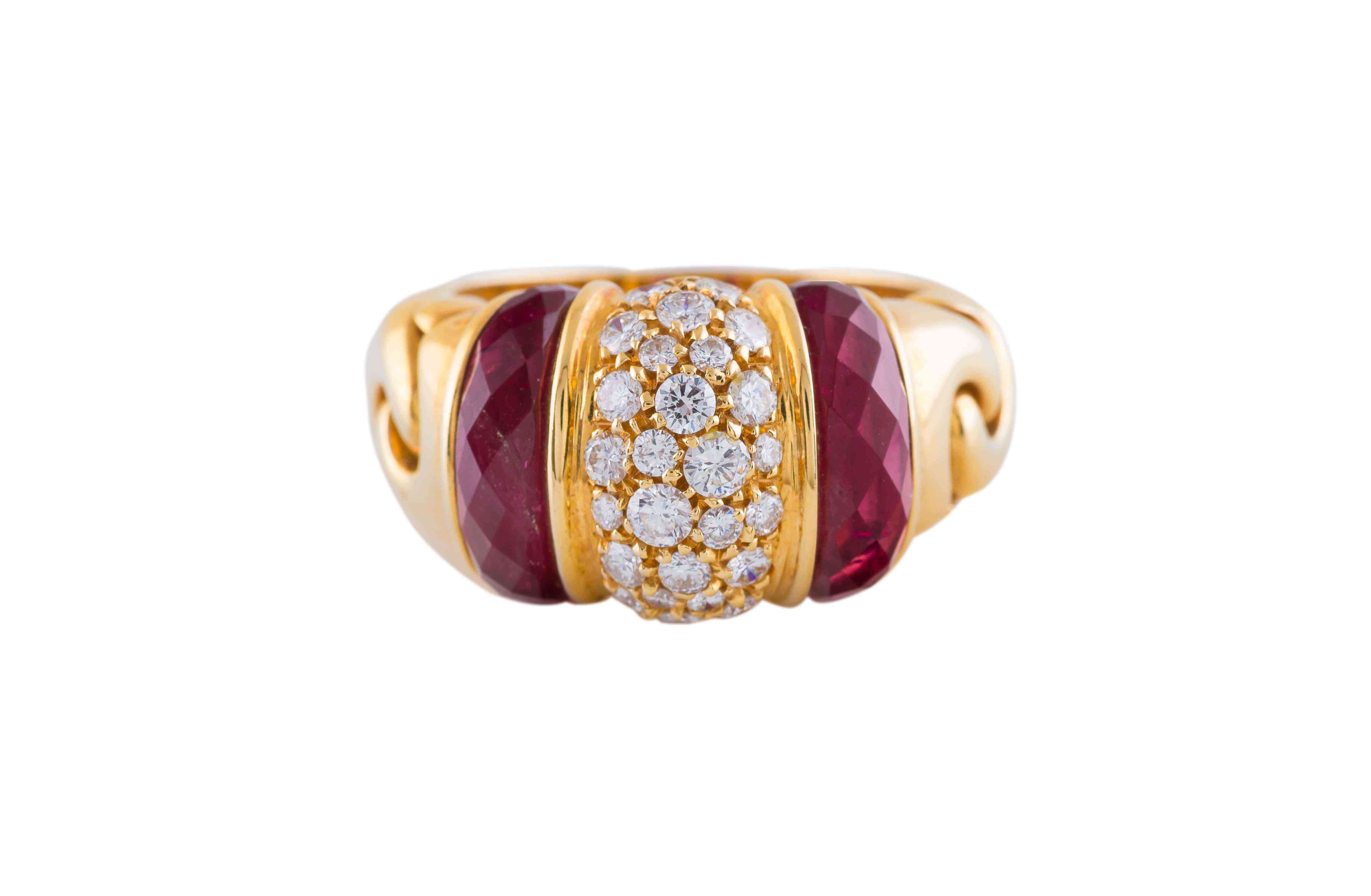 BVLGARI - A ‘Ganci’ rubellite and diamond ring, set in 18k yellow gold