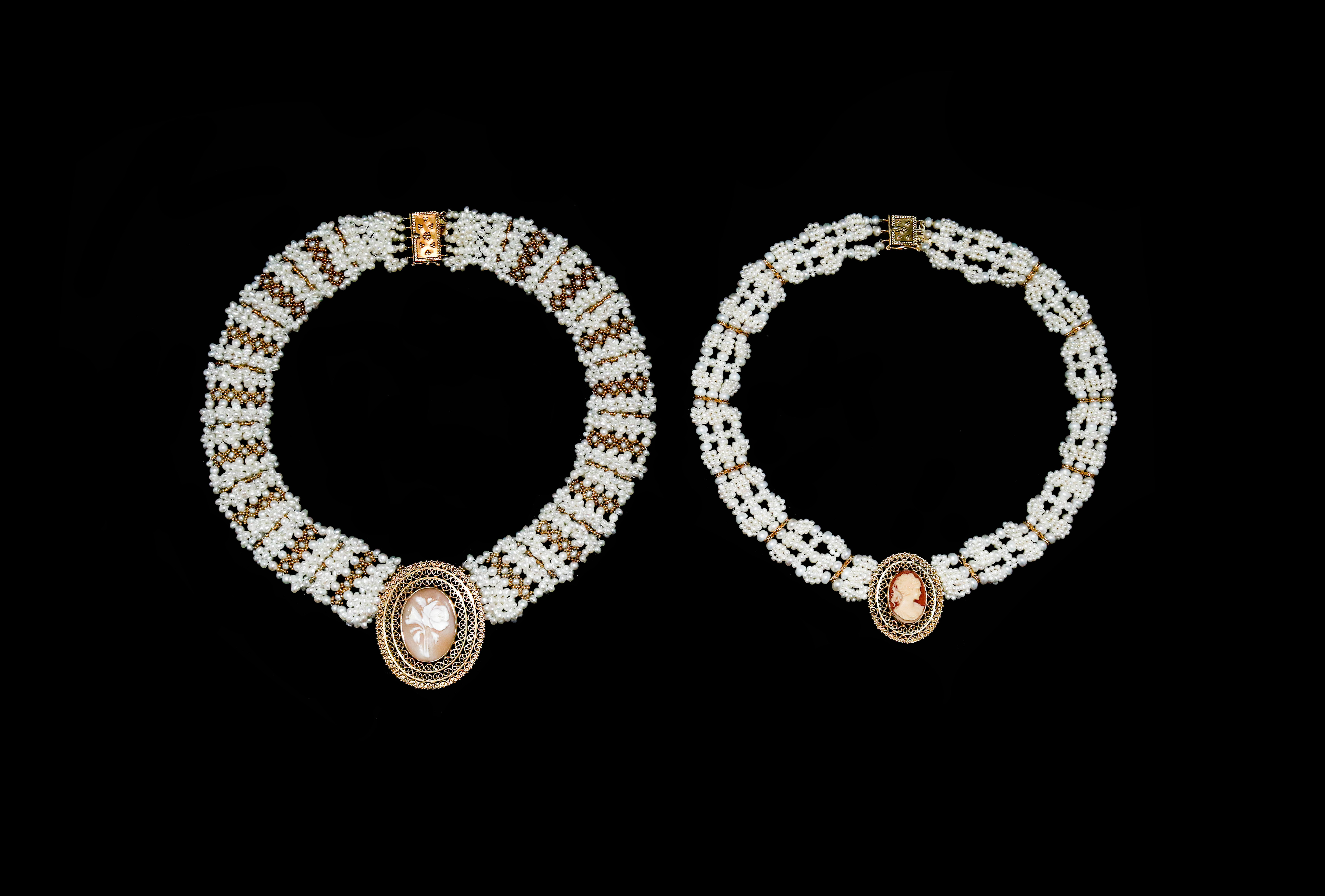 Celia Molano - (G-047) Pearls with gold granulated gear beads and cameo ...