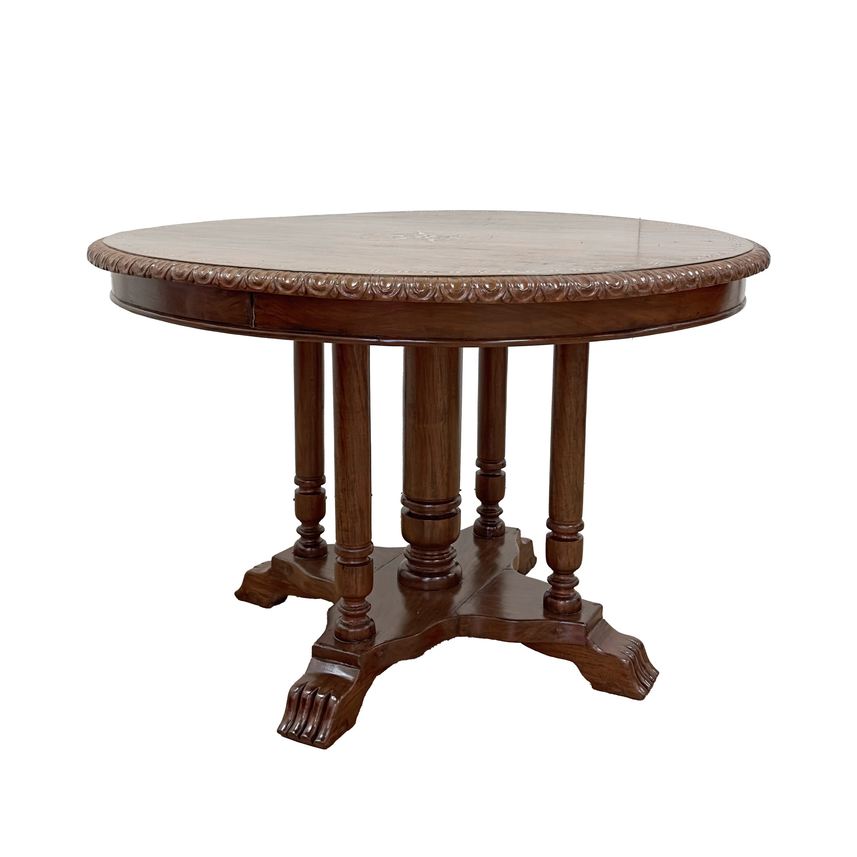 - A round inlaid center table on columnar legs and quadriform base with ...
