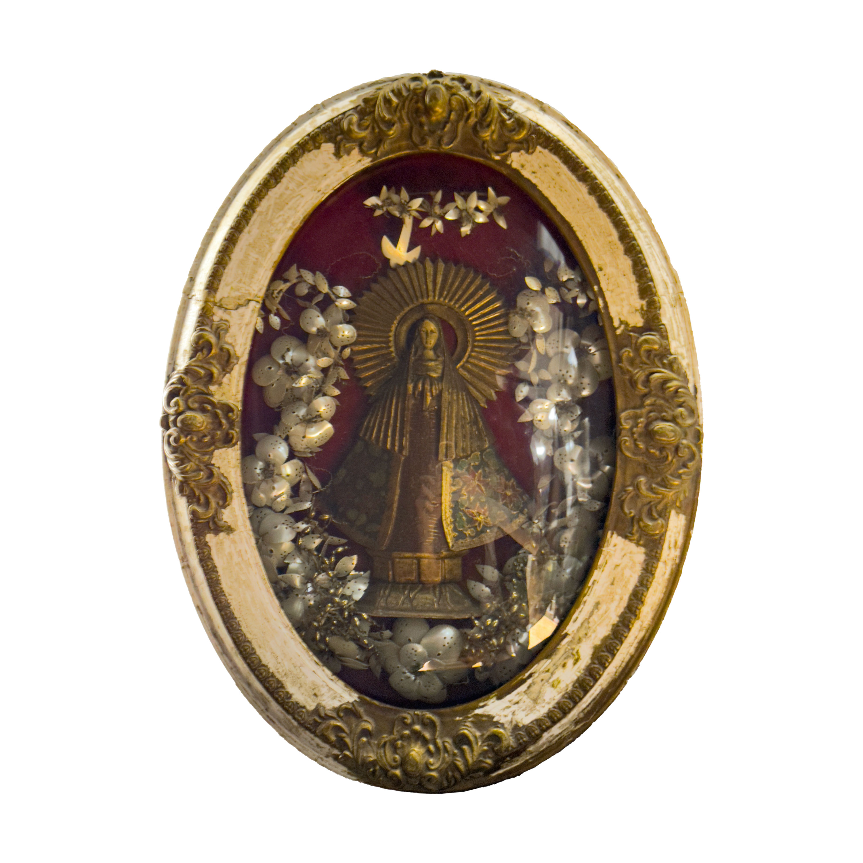 - A de tallado ‘Dolorosa’ figure and lagáng decorations in a shadow box