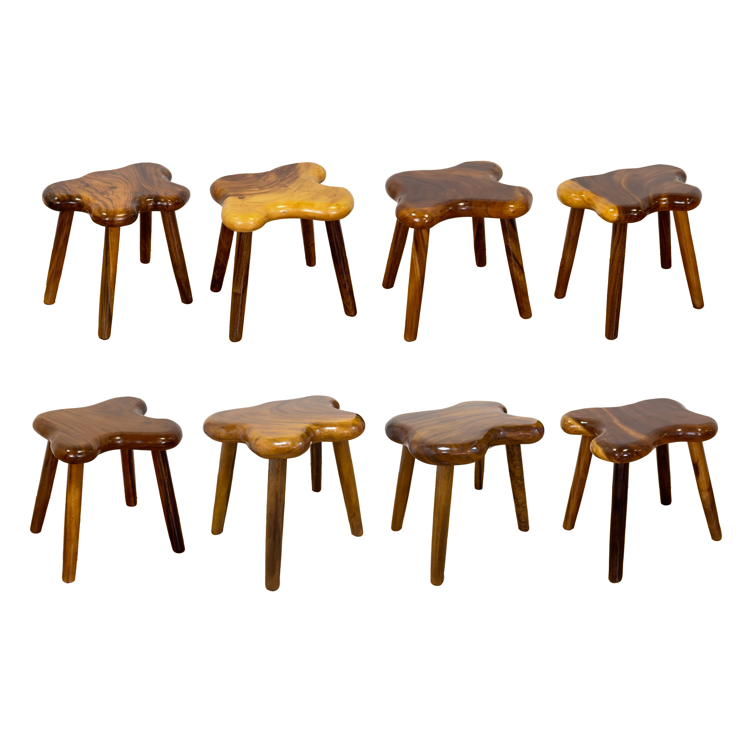 - A set of 8 Australian wood stools with organic-shaped seats on round ...