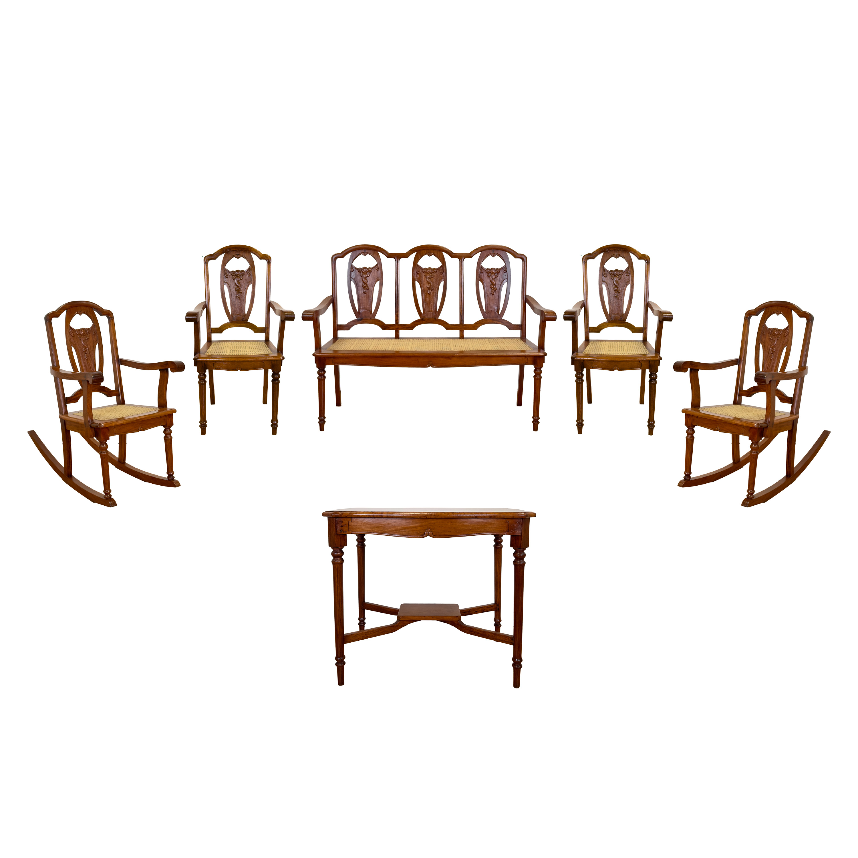 - A complete Art Nouveau sala set with carved tendril & pendent bud motifs