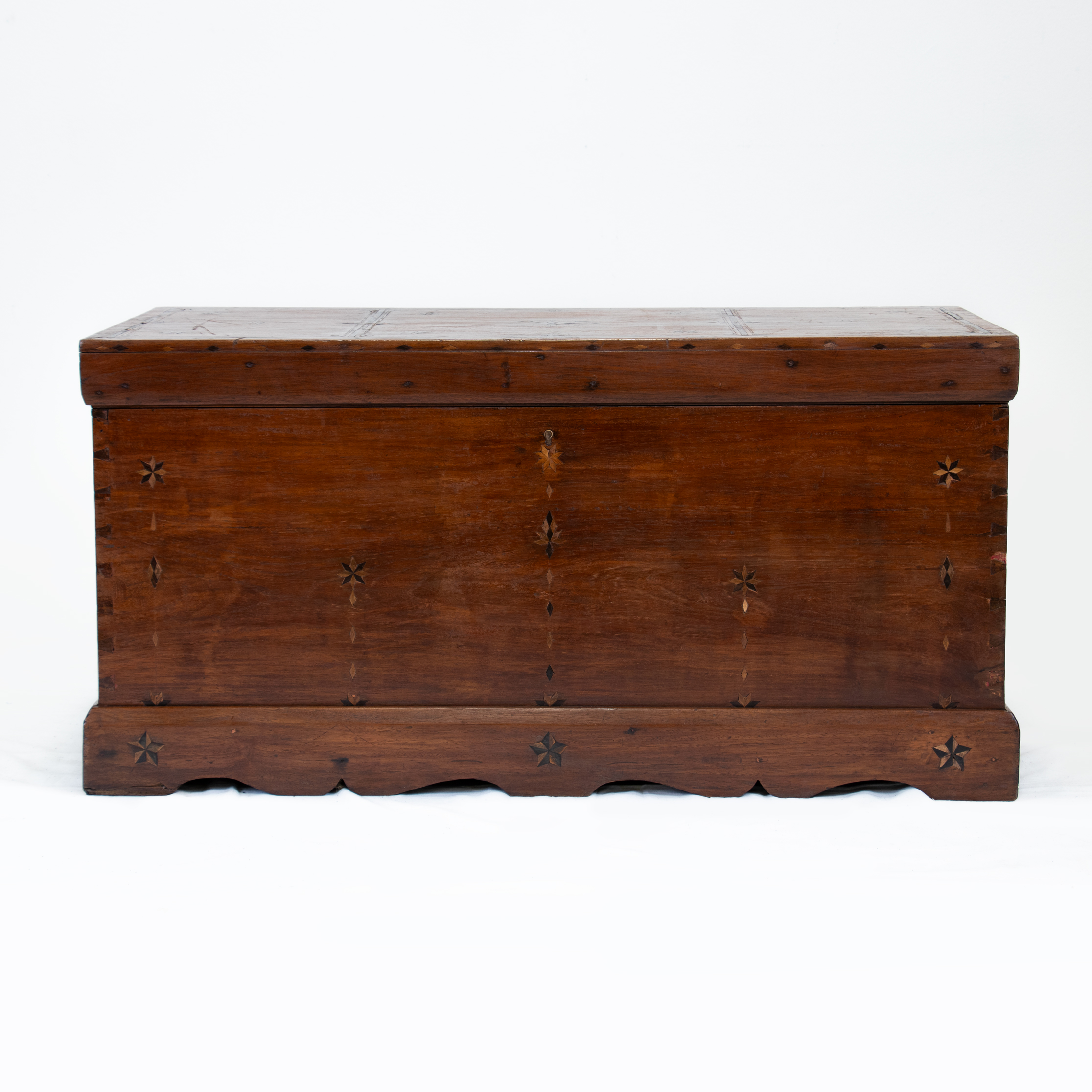 - A large inlaid baul / chest with inner lid gallery and box